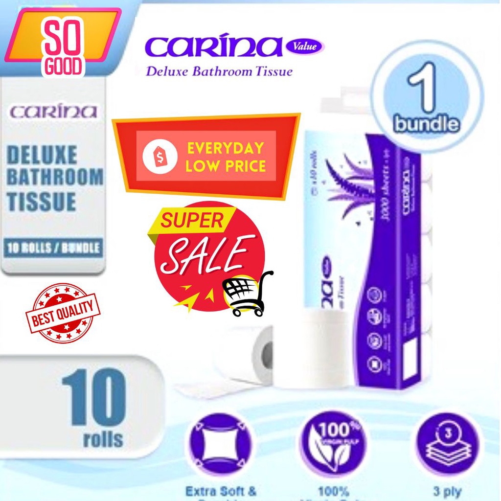 Carina 3Ply Deluxe Bathroom Tissue Toilet Roll Soft (10 Rolls/Bundle ...