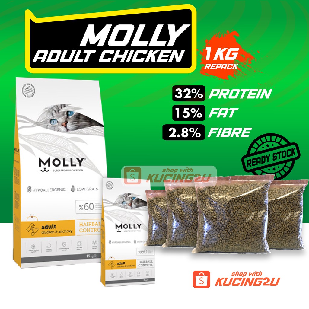 MOLLY - ADULT CHICKEN (1 KG REPACK) KIBBLES CAT MAKANAN KUCING | Shopee ...