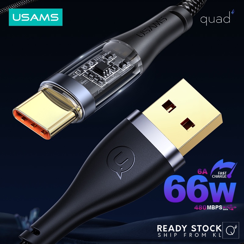 USAMS 6A/66W USB to Type-C Fast Charging Data Phone Cable Icy Series Transparent for Android ...