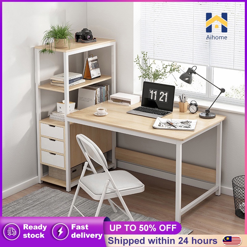 Meja Belajar Computer Table with Book Shelf Modern Study Table Study ...