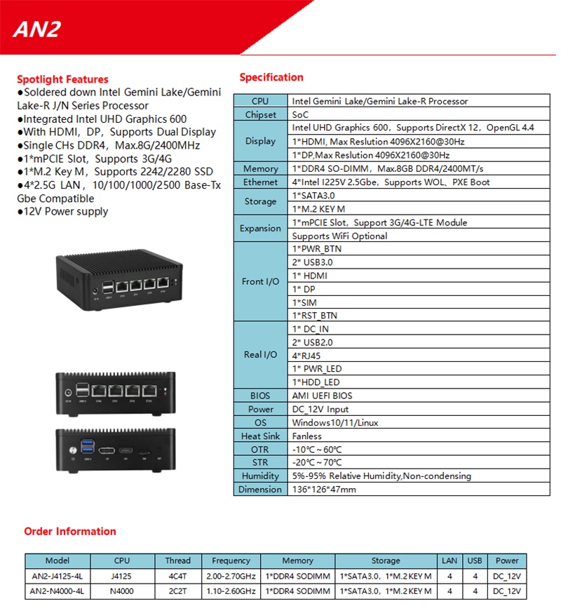 AN2 Intel N4000/J4125 4*I255 2.5G LAN Mini PC Fanless Soft Router HDMI ...