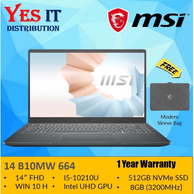 MSI Modern 14 B10MW-664 14" FHD Laptop Carbon Gray ( I5-10210U, 8GB ...
