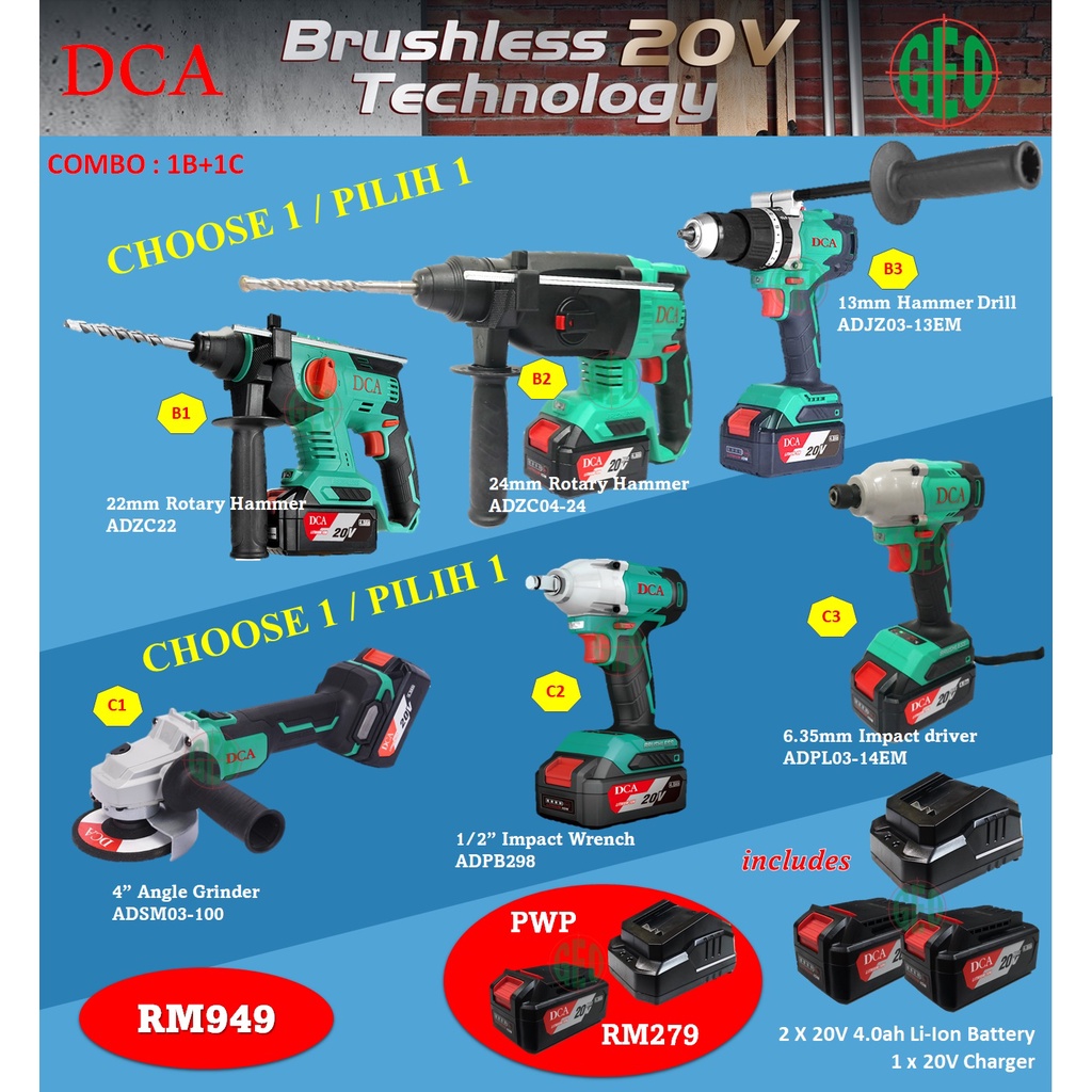 DCA 20V Brushless Power Tools Combo Rotary Hammer / Angle Grinder ...
