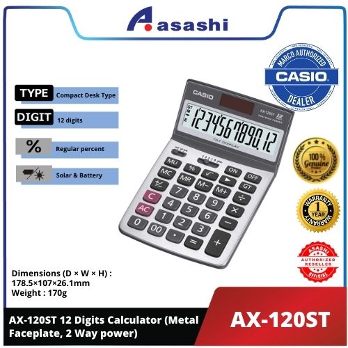 Casio AX-120ST 12 Digits Calculator (Metal Faceplate, 2 Way power ...