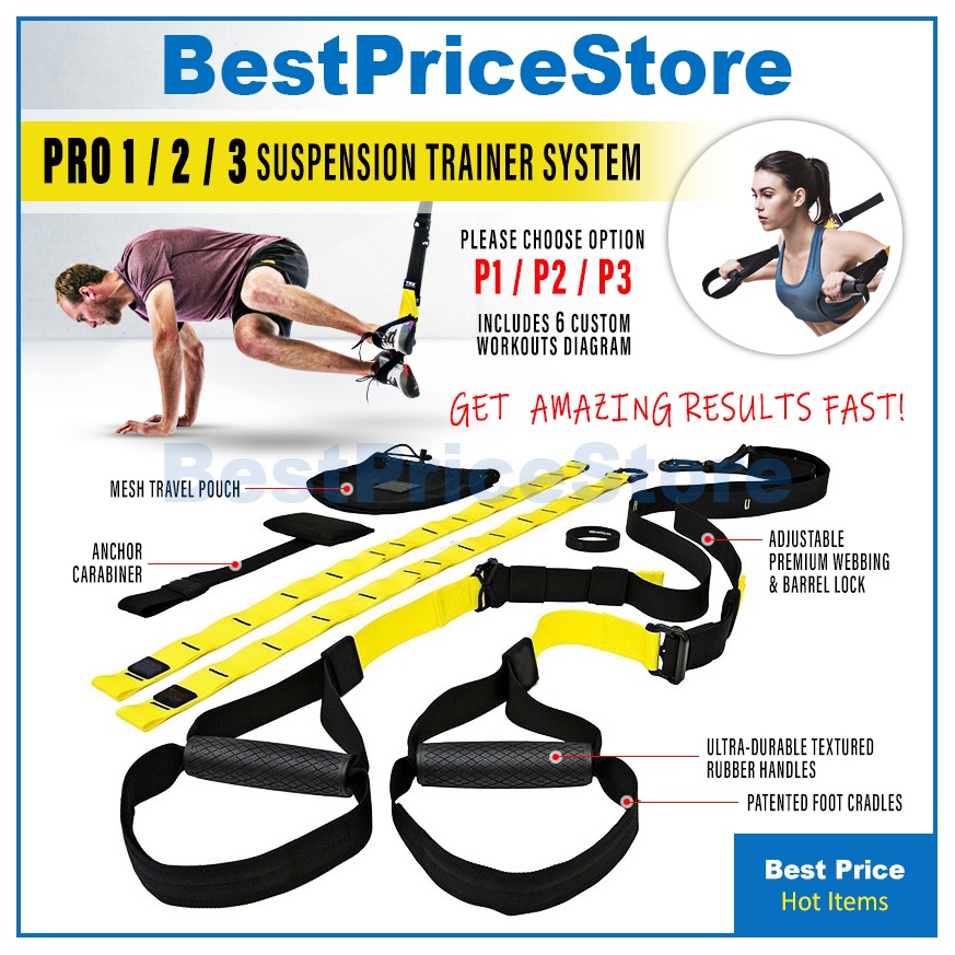 BPS TRX Pro 3 Workout Suspension Resistance Band Door Gym Bundle Strap ...