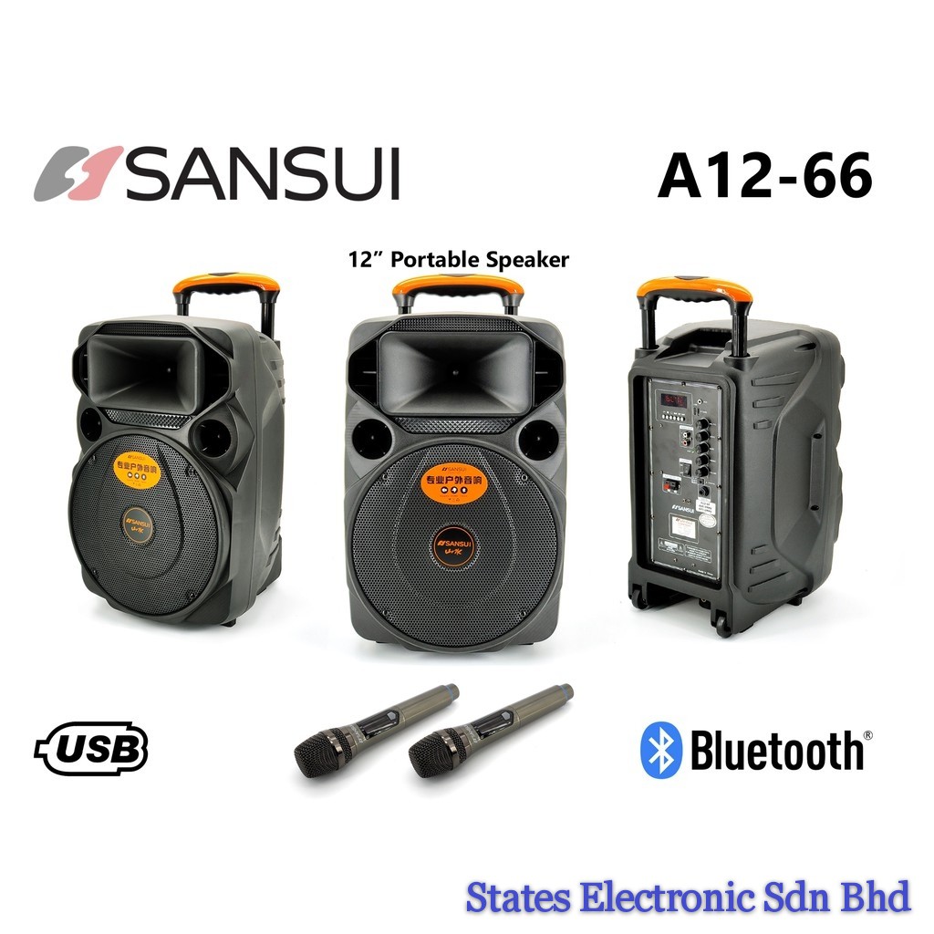 SANSUI A12-66 12" AC/DC Portable Speaker with 2 Wireless Handheld ...