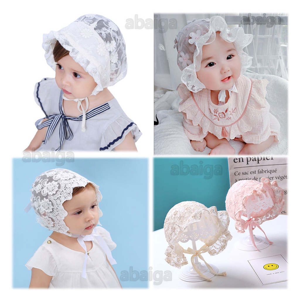 Lace Floral White Cap Baptism Flower Princess Hat Adjustable Binyag Cap ...