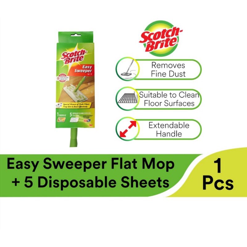 3M Scotch Brite Easy Sweeper Flat Mop + 5 Disposable Sheet /Quick ...