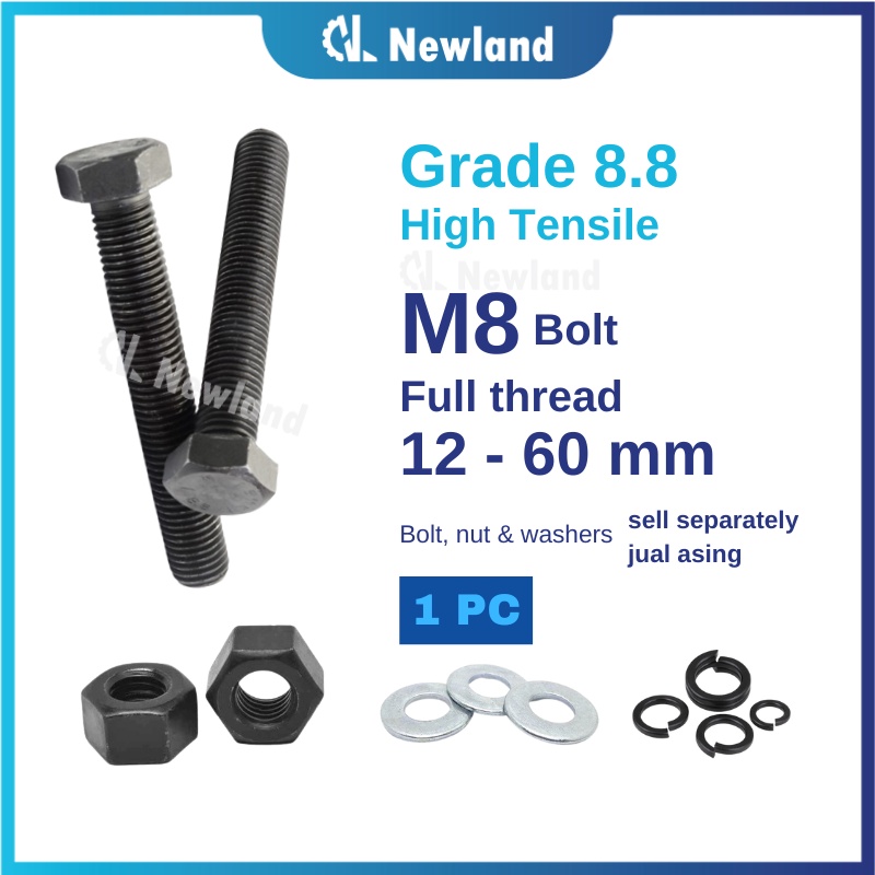 Newland Agriculture M8 Bolt and Nut - Grade 8.8 Hex Bolt Full Thread ...