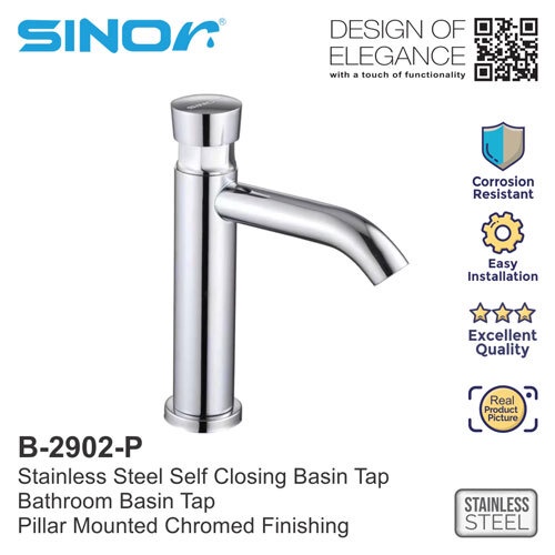 SINOR B-2902-P SELF CLOSING BATHROOM BASIN TAP PILLAR MOUNTED WATER ...