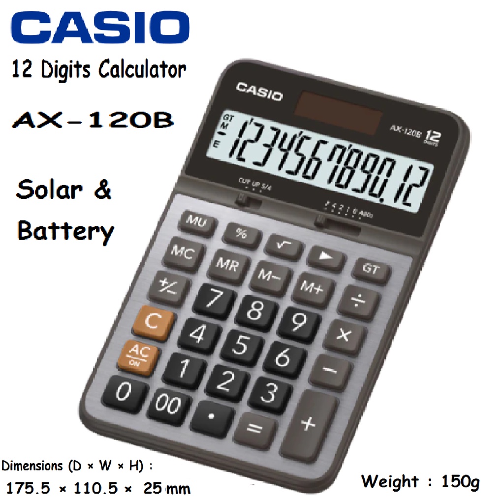 Casio 12 Digits Calculator AX-120B AX120B AX 120B Metal Faceplate Extra Large Display (Original ...