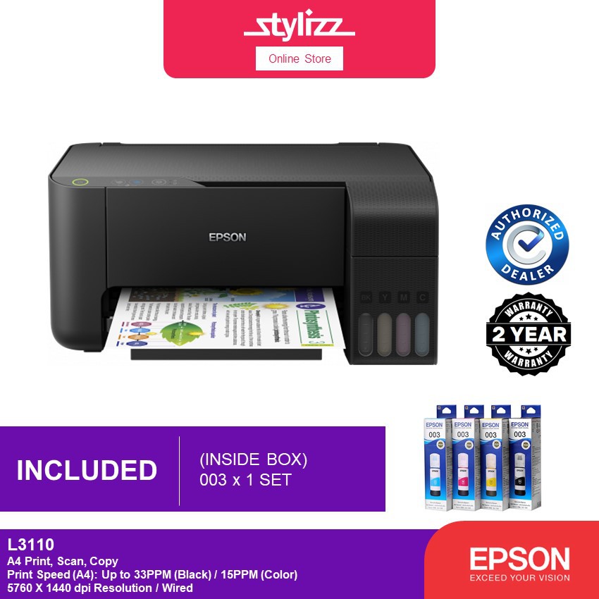 Epson EcoTank All in One Ink Tank Printer ORIGINAL INK 1 SET L3110 ...