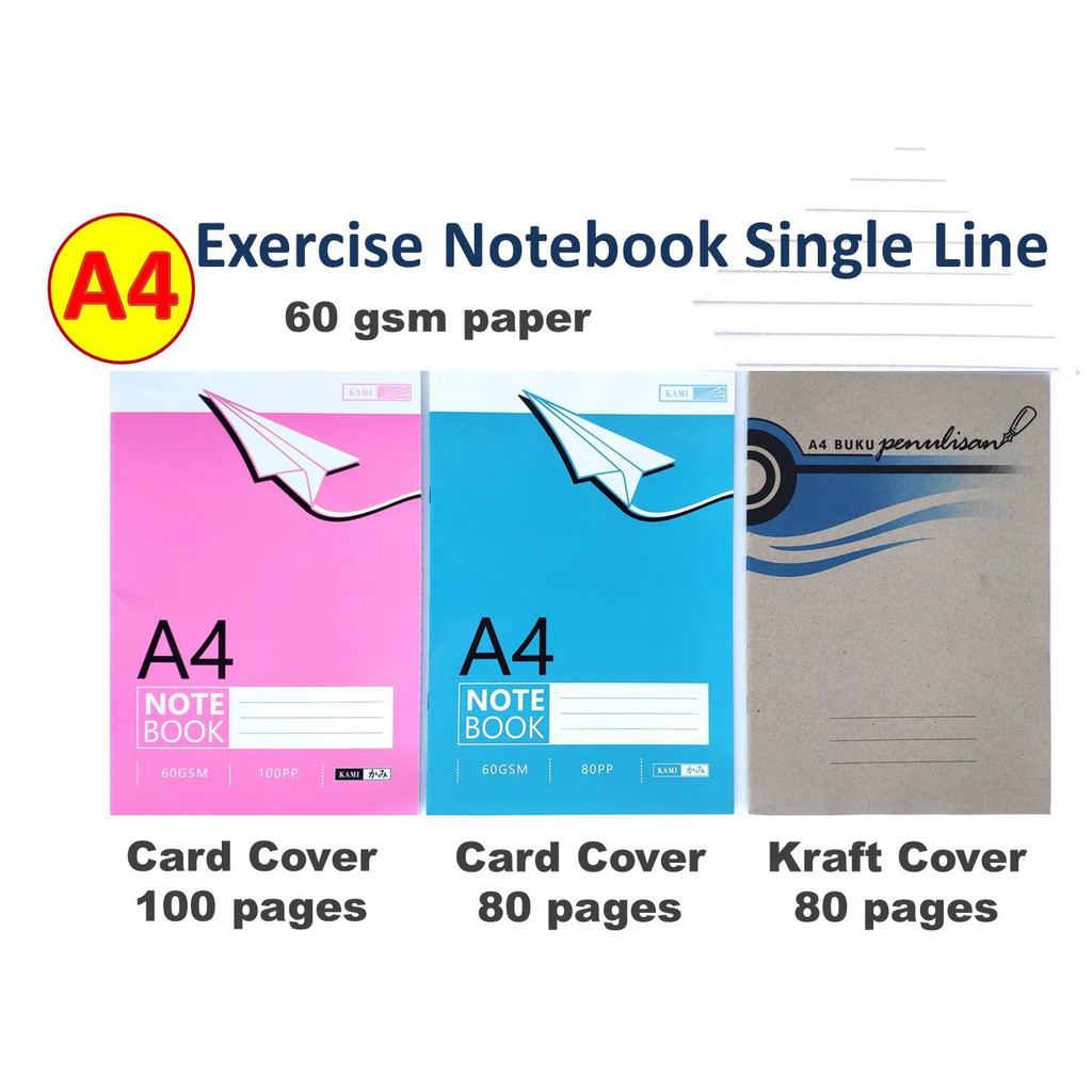 Kami exercise notebook a4 single line 80p, 100p, card and kraft cover ...