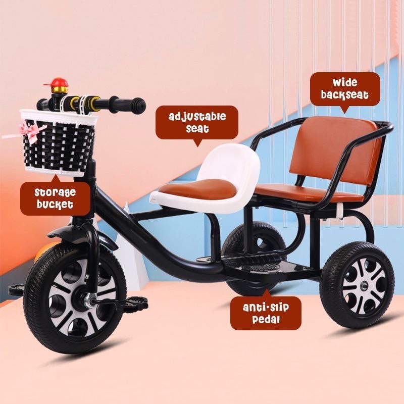 Baby Stroller Children Double Outdoor Kids Two Seater Tricycle Basikal ...