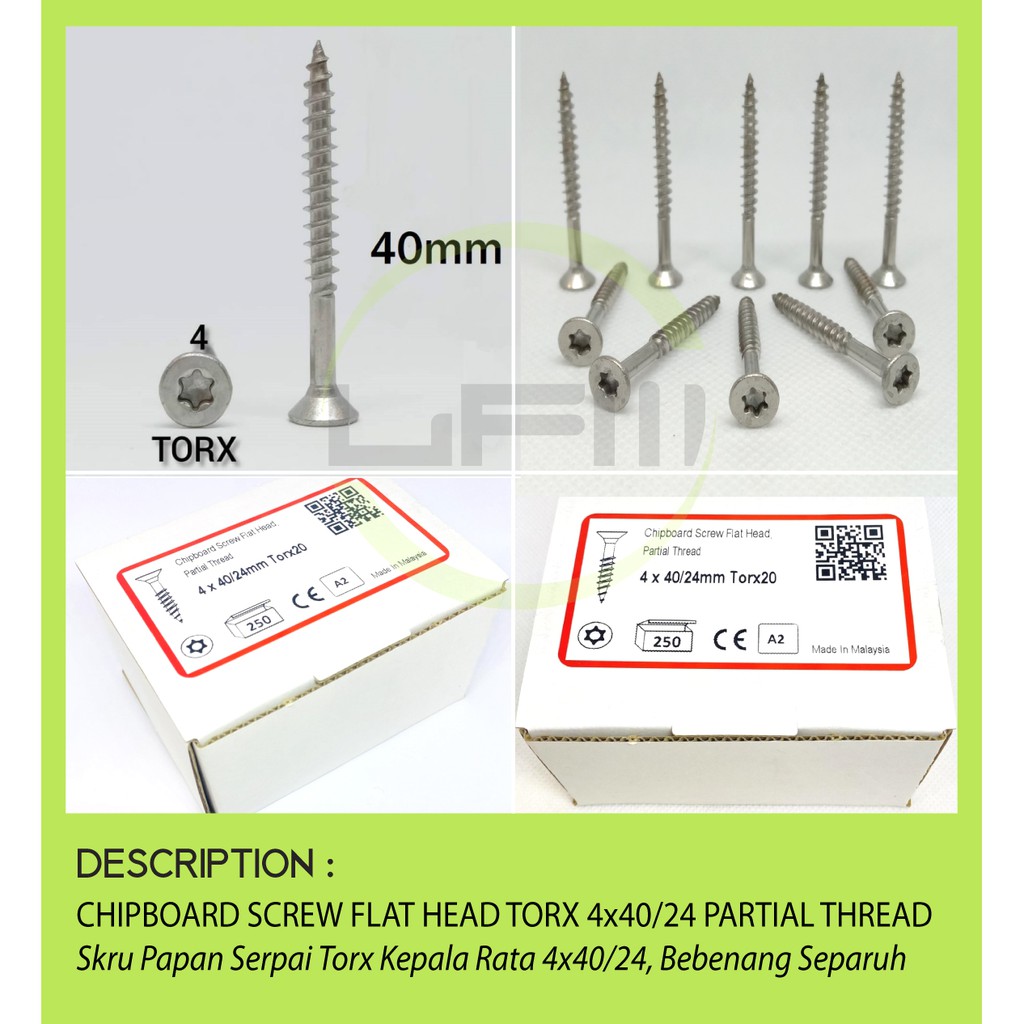 CHIPBOARD SCREW FLAT HEAD TORX 4X40/24 PARTIAL THREAD | Shopee Malaysia