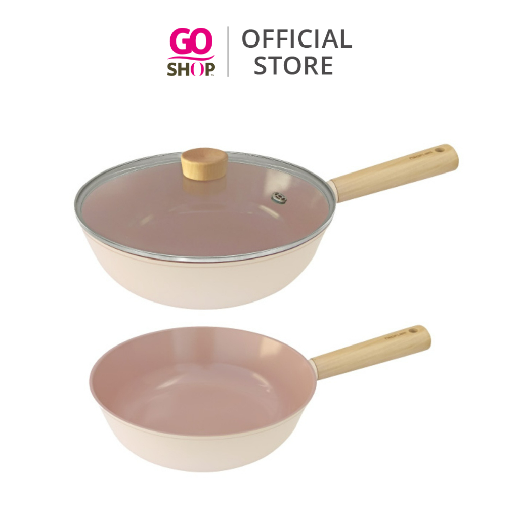 Neoflam Blossom IH Cookware Set with 24cm Frypan & 28cm Wok with Glass Lid; Fogged Aluminum ...