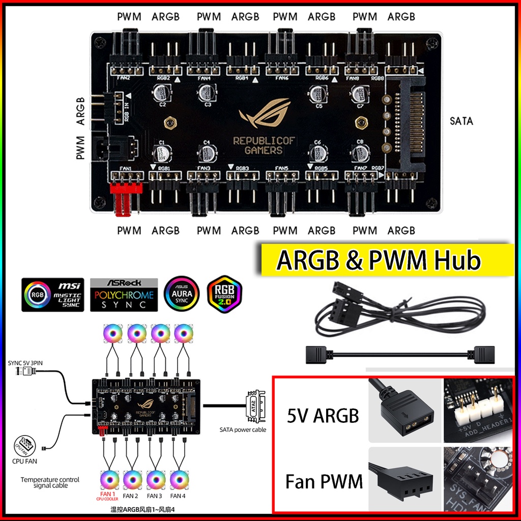 PWM 4pin/3pin Fan Hub Splitter 1 to 8 Hub Splitter for 5V ARGB 3pin ...