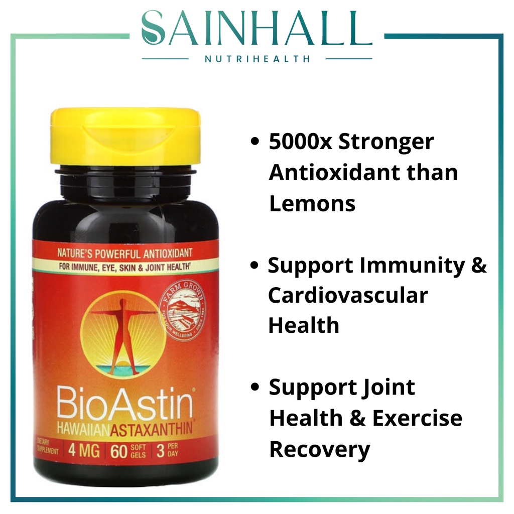 BioAstin Hawaiian Astaxanthin 4mg 60 sgl caps For Immune Eye Skin Joint ...