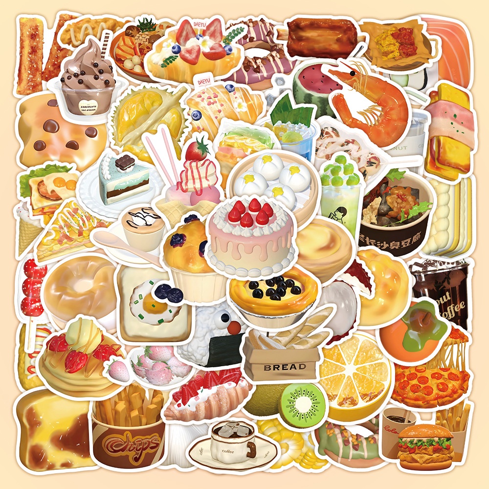 60 PCS INS Cheesecake Burger Toast Sticker Milk Fruit Dessert Food Cup ...