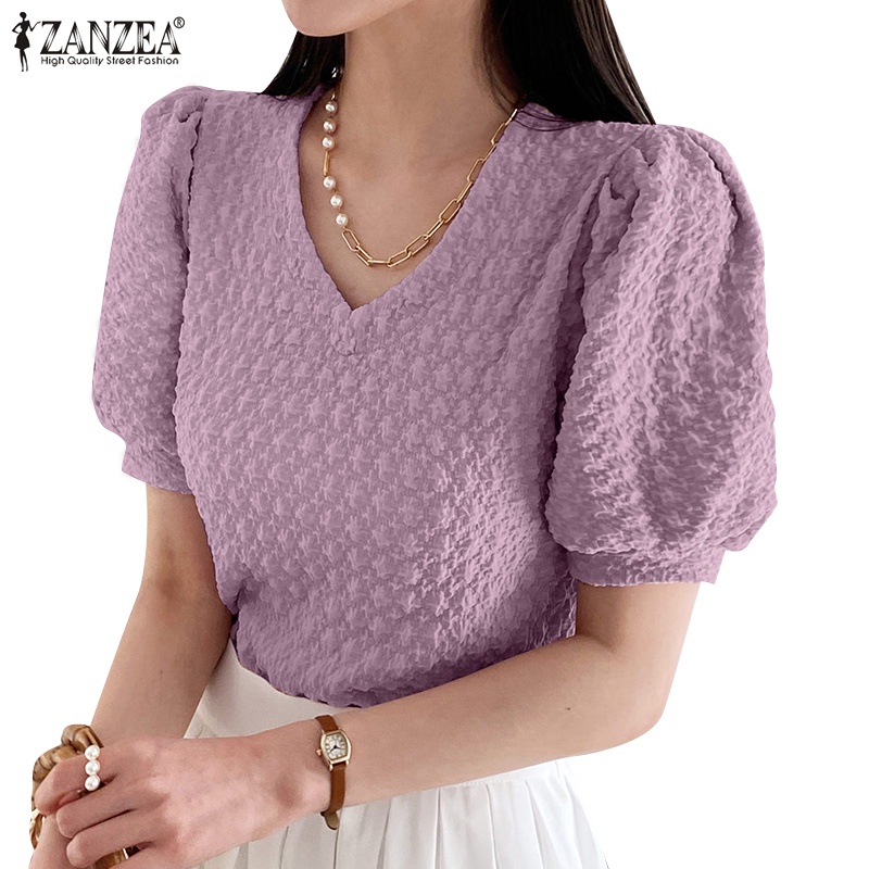 Zanzea Women Fashion V Neck Puff Sleeve Textured Fabric Solid Blouse