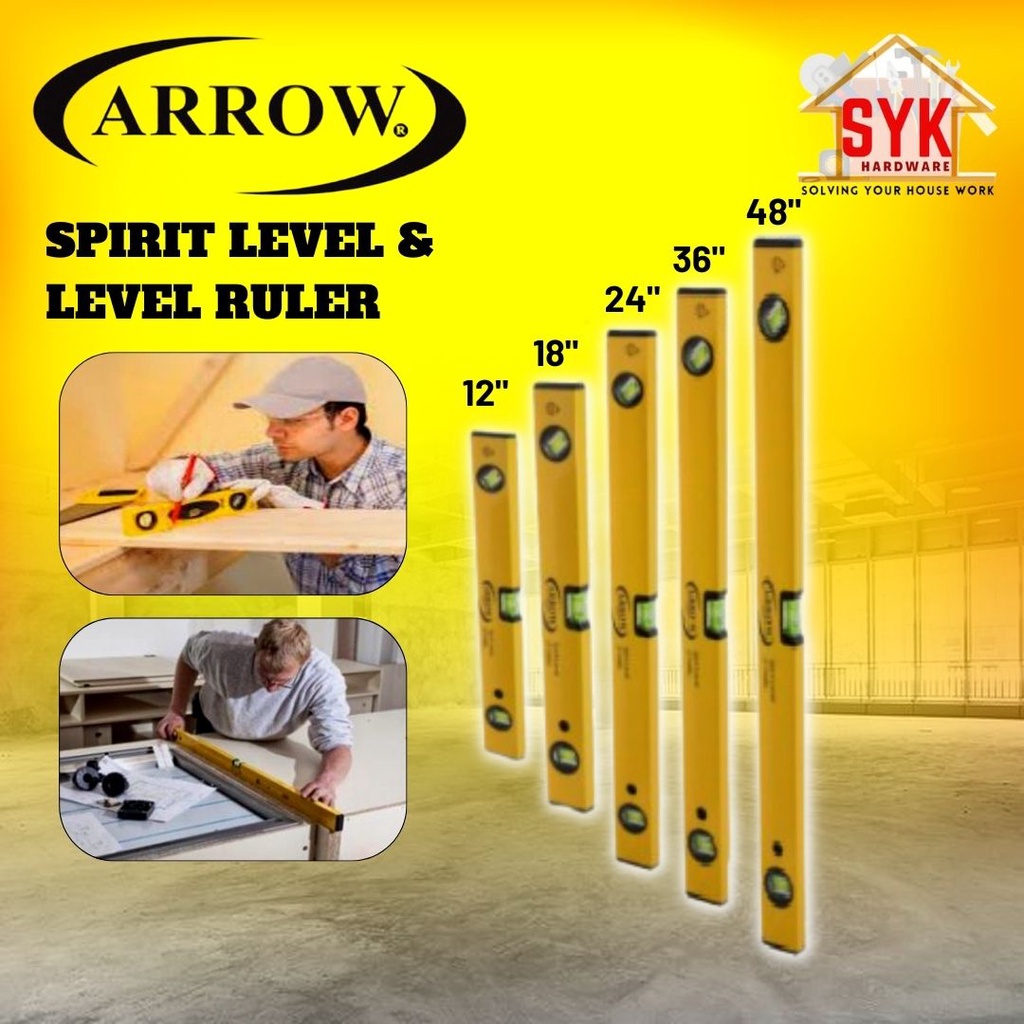 SYK ARROW Aluminium Spirit Level Ruler 3 Vials Measuring Level Ruler ...