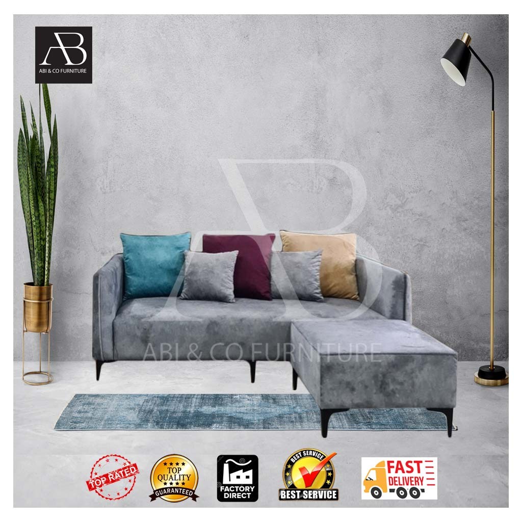 FREE INSTALLATION [ABICO] 3 SEATER SOFA WITH 3 PILLOWS VELVET GREY/SOFA 3 SEATER DENGAN 3 BANTAL ...