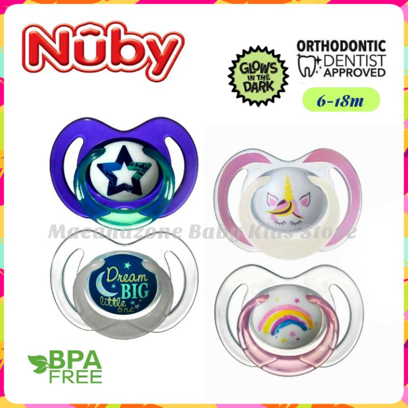 Awesome Nuby Night Time Glow In Dark Dummies Star & Unicorn (6-18 Month ...