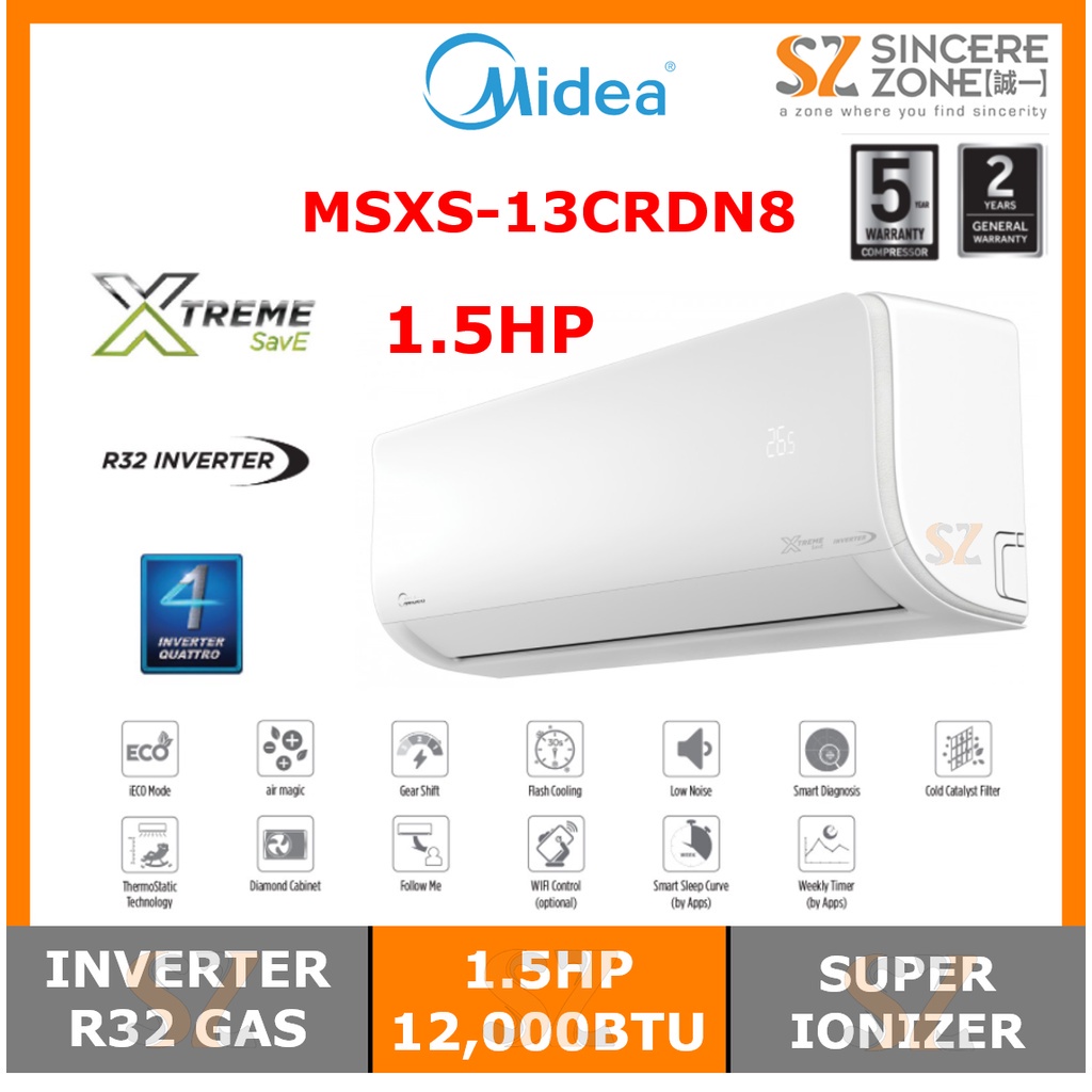 MIDEA MSXS-13CRDN8 1.5HP R32 INVERTER WITH SUPER IONIZER AIR CONDITIONER | Shopee Malaysia