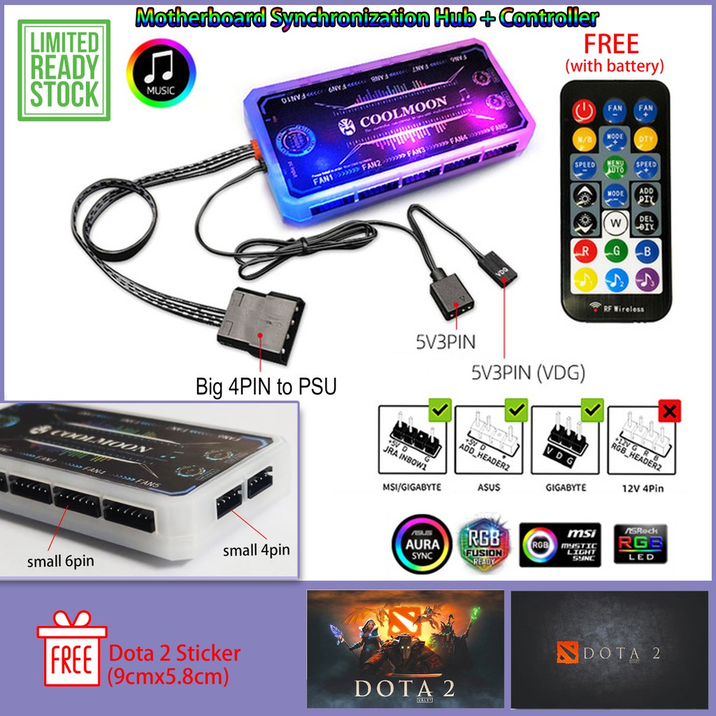 COOLMOON RGB HUB (full Black) + Controller Motherboard Sync 5V ARGB ...