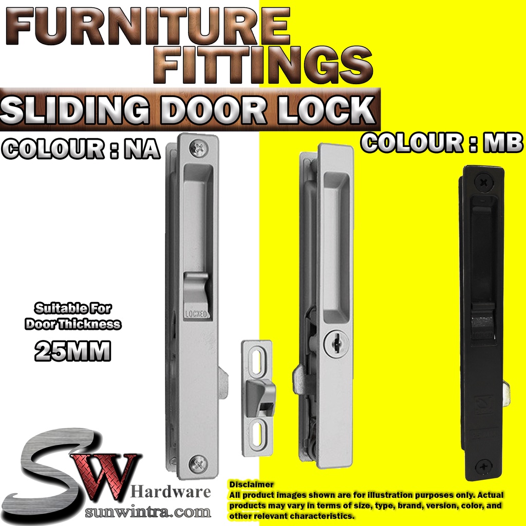 SW Hardware Aluminium Sliding Door Lockset with Key A6 25mm Kunci Pintu ...