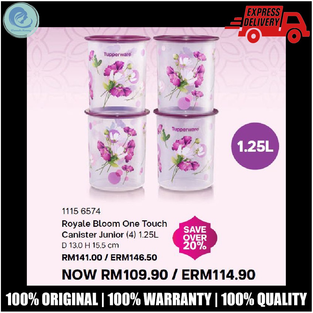 READY STOCK Tupperware Royale Bloom One Touch Canister Junior (4) 1.25L Original Tupperware ...