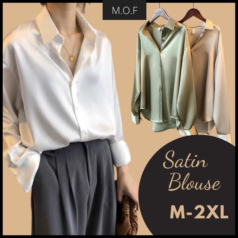 Long Sleeve Satin Women Blouse Plus Size Baju Kemeja Butang Blouse ...