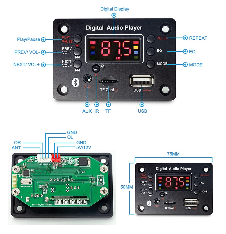 5V 12V LED Digital Bluetooth MP3 Board WMA Decoder Car FM Radio Module ...