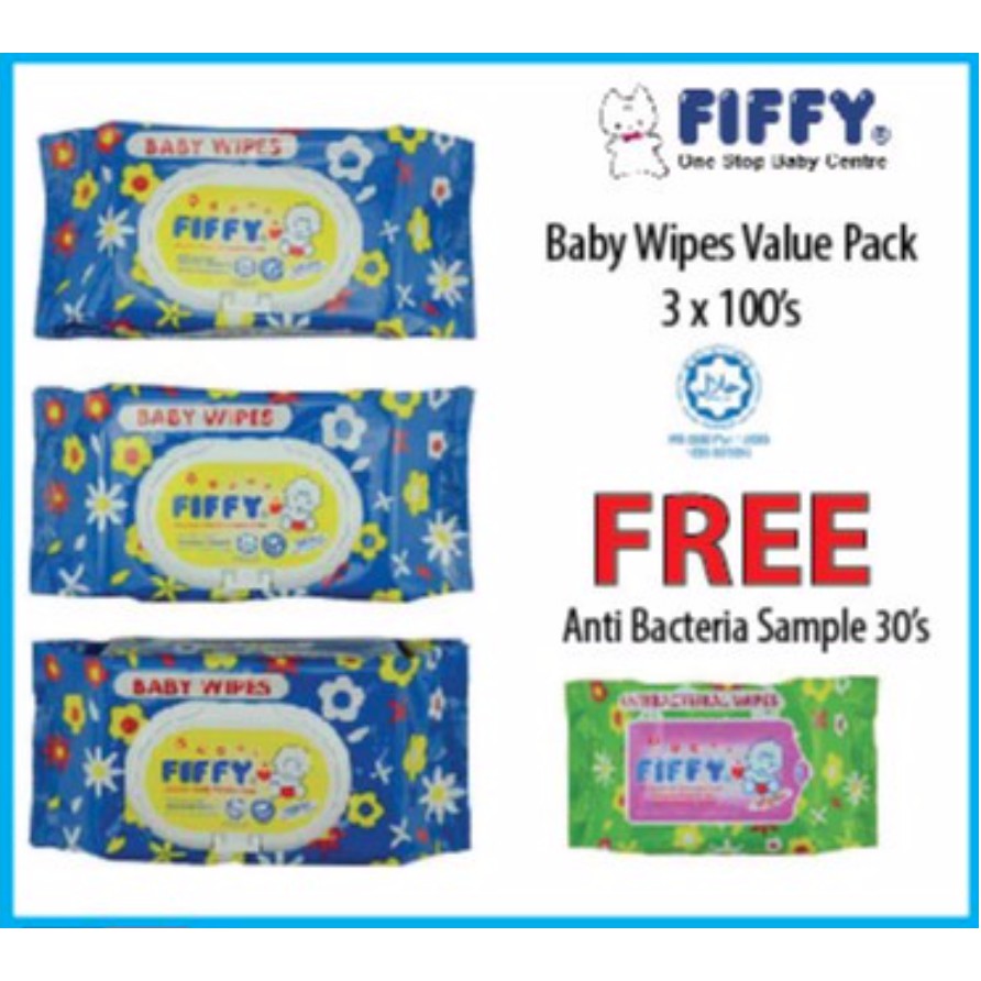 FIFFY Baby Wipes (100'S X 3 + 30'S) Tisu Basah Bayi FREE AntiBacteria ...