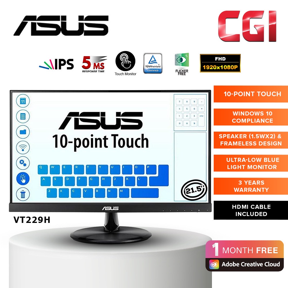 Asus 21.5" VT229H 5ms FHD IPS Touch Monitor with Built in Speaker ...
