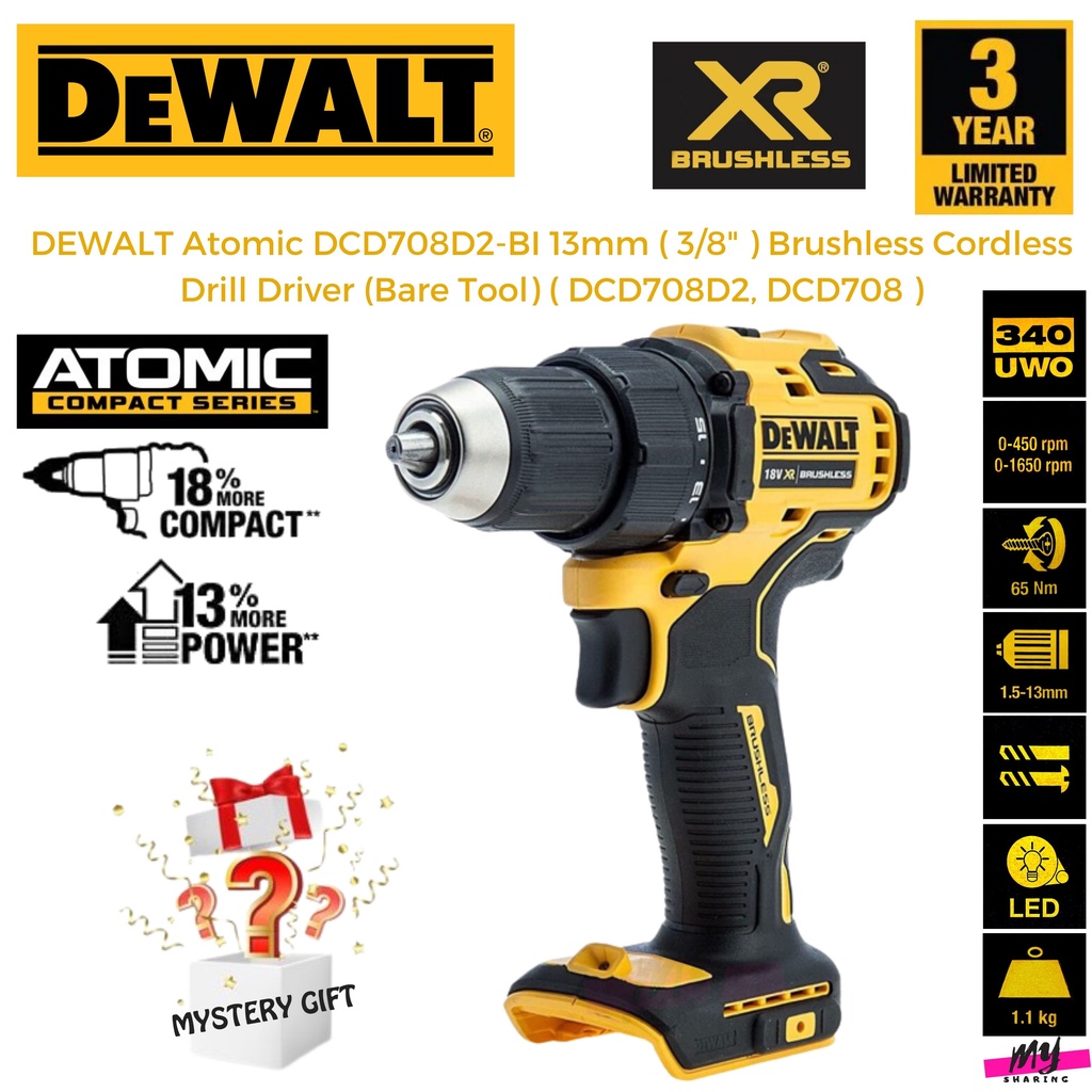 DEWALT Atomic DCD708D2-BI 13mm ( 3/8" ) Brushless Cordless Drill Driver ...