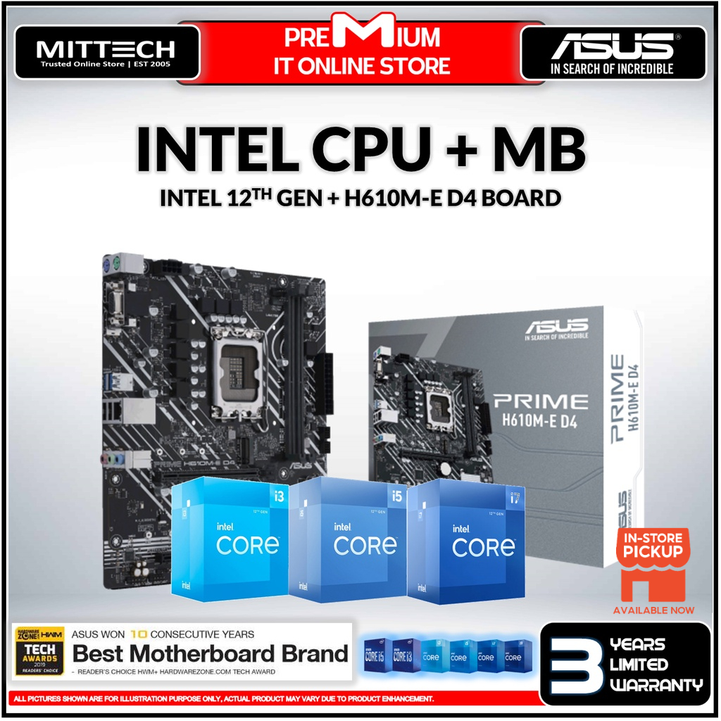 Asus Prime H610M-E D4 LGA1700 Motherboard + Intel Core 12th Gen Processor | I3 12100 I5 12400 ...