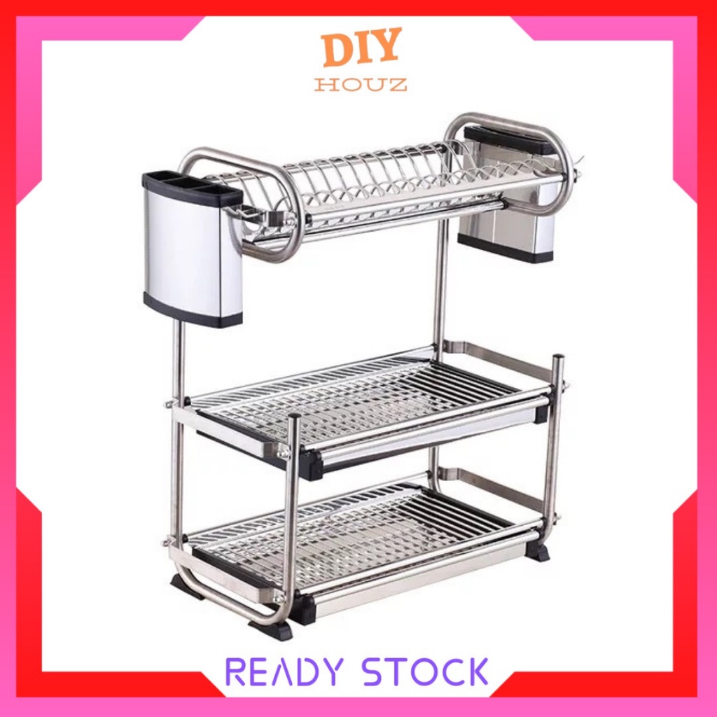 3-TIER X 60CM STAINLESS STEEL DISH RACK (WITH TWO HOLDER) | Shopee Malaysia