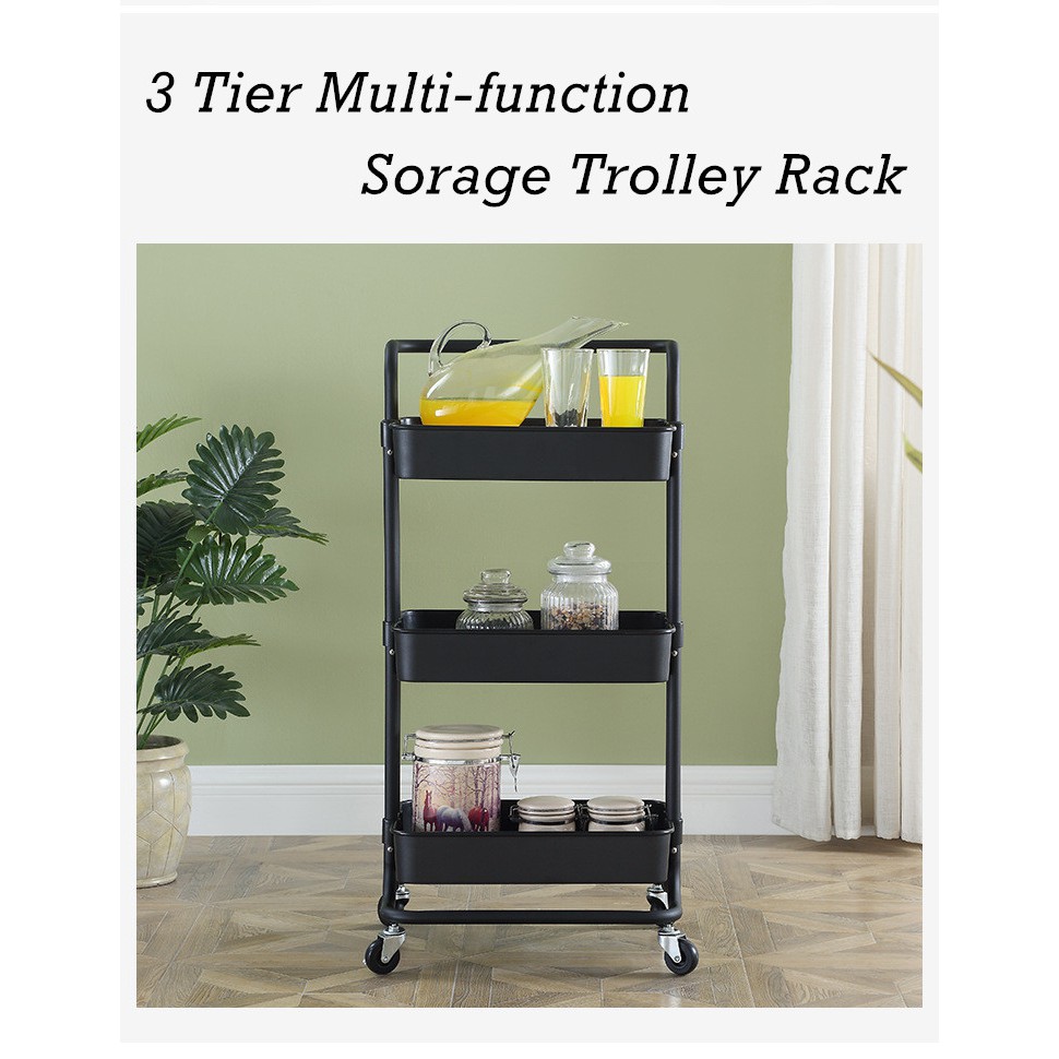 3 TIER Multi-function Metal Trolley Storage Rack with Handle Wheel ...