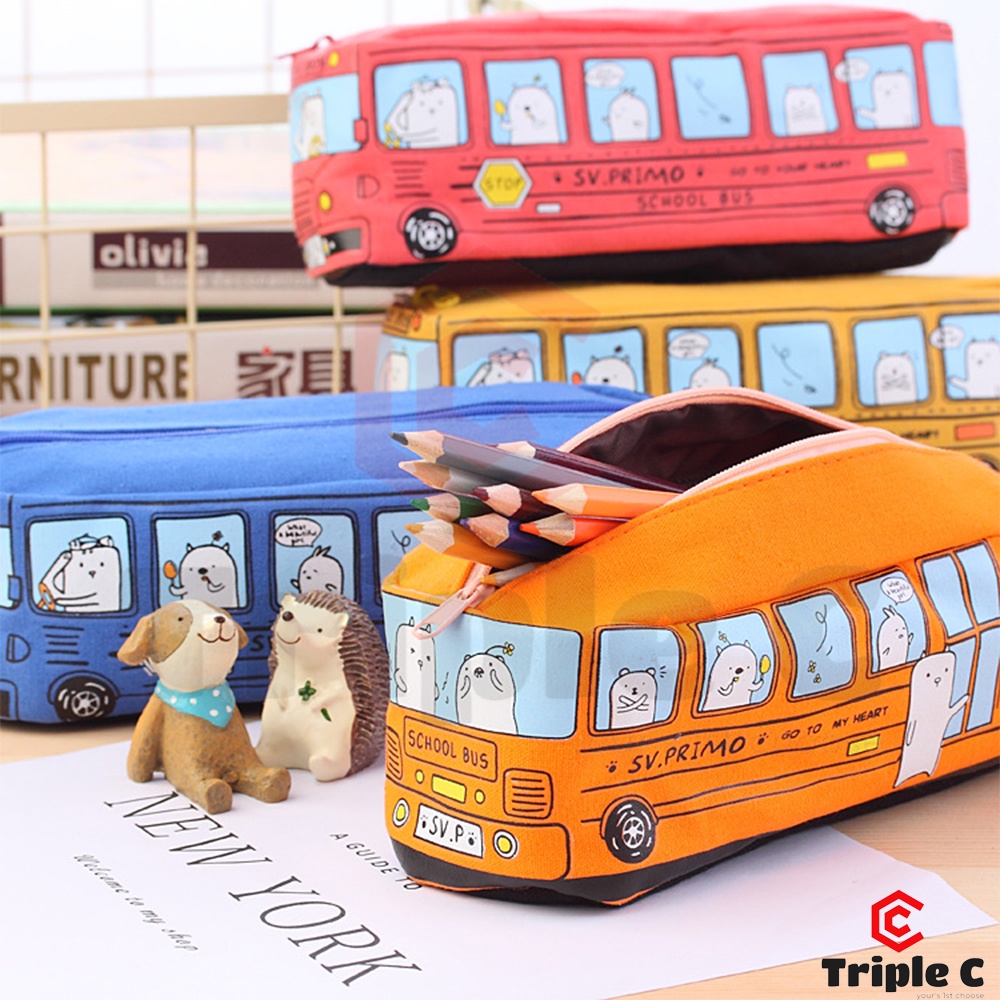 [Triple C] School Bus Kids Pencil Case Canvas Stationery Bag Pencil Box ...