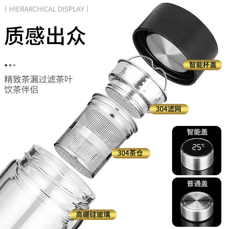 Botol air baby Pengukuran suhu LED pintar teh kaca lapisan dua dan ...