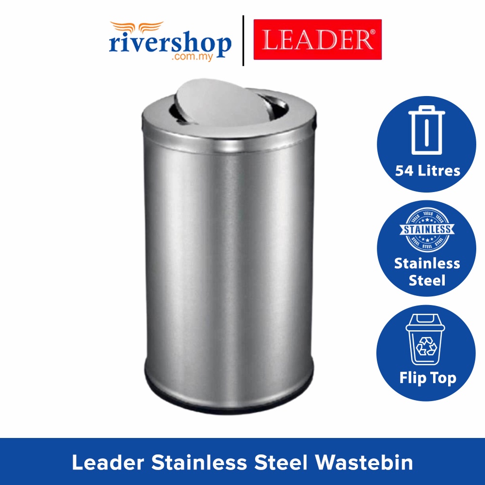 LEADER 54Litres Stainless Steel Dustbin Round Rubbish Bin Swing Top ...