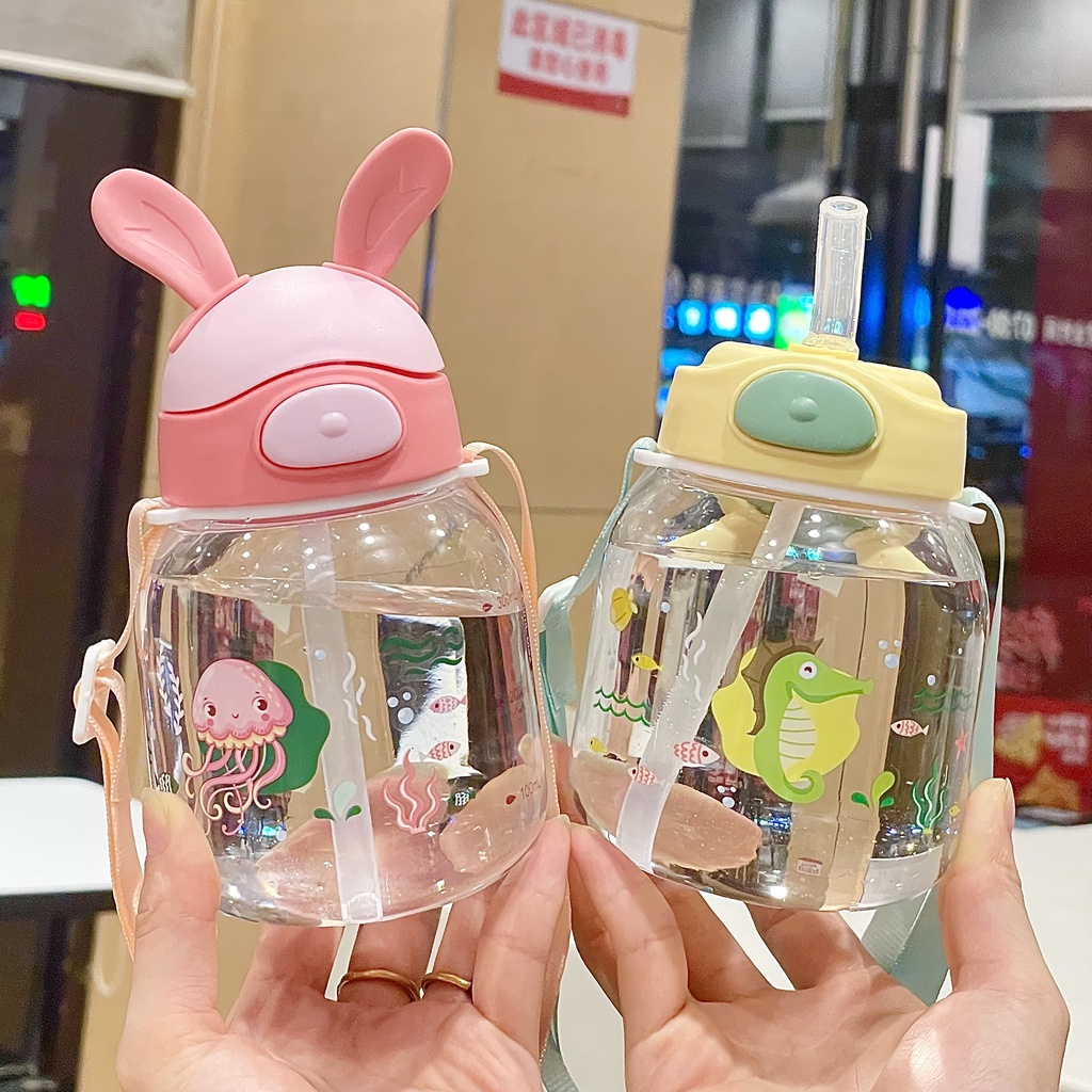 450ML Kids Water Bottle Cute Cartoon Drinking Bottle with Straw and Strap BPA Free Botol Air ...