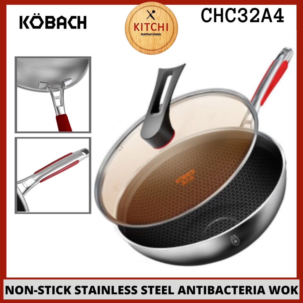 KOBACH CHC32A4 4th Gen Antibacterial 32cm Non-Stick Stainless Steel Wok ...