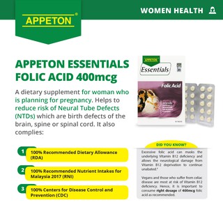 APPETON Essential Folic Acid 400mcg for Pre-Pregnancy Dietary ...