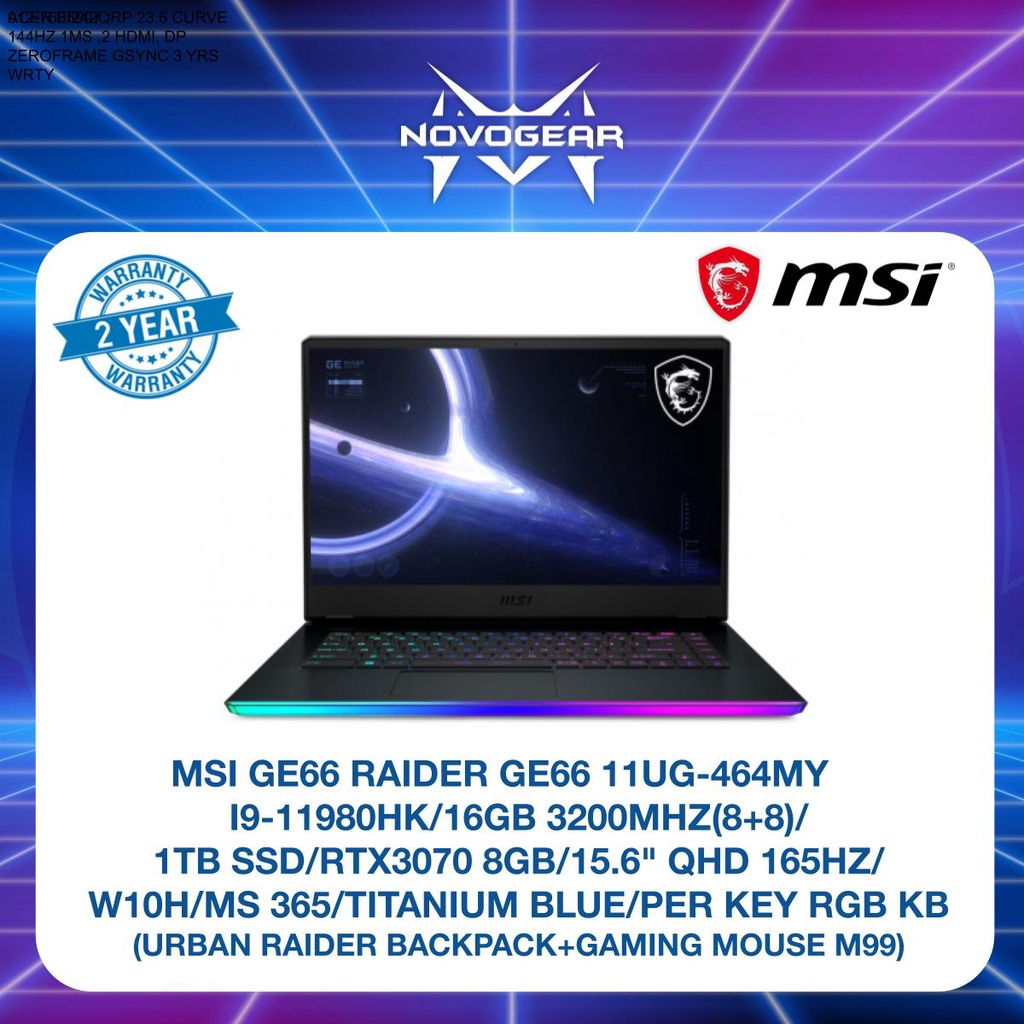 MSI GE66 RAIDER 11UG-464MY 15.6" 165HZ GAMING LAPTOP - TITANIUM BLUE ...