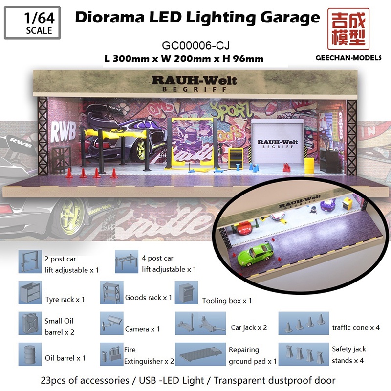 GEECHAN Diorama 1/64 Model Car LED Lighting Garage with Miniature Maintenance Display Tools - 23 ...