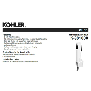 KOHLER CUFF HYGIENE SPRAY W/ HOSE & FIXED WALL BRACKET (K-98100X-CP ...