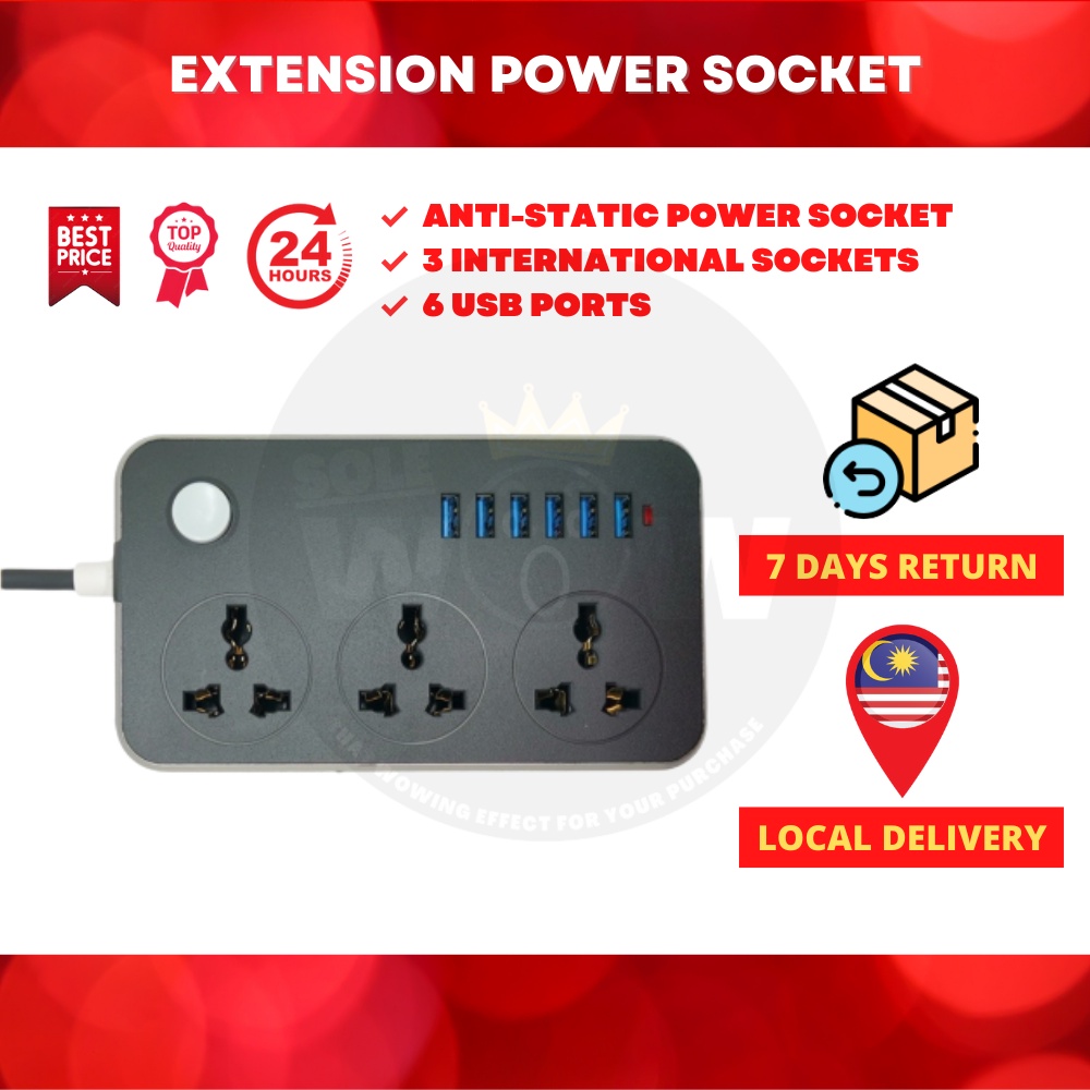 Extension Power Socket 6 USB Plug Ports & Power Strip Adaptor 4.4A(Auto ...