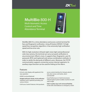ZKTeco MultiBio 800-H Door Access Multi-biometric Access Control and Time Attendance Terminal ...